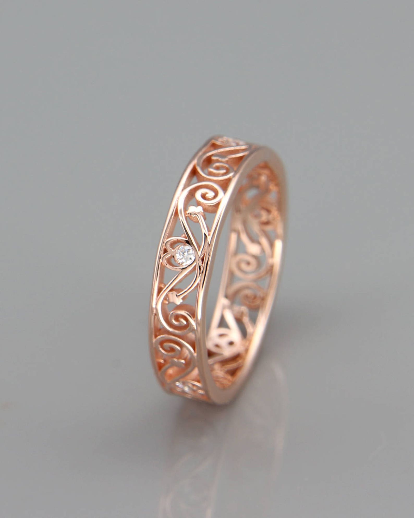 Handmade 14k White Gold Filigree Women Wedding Ring Set With Diamonds ...