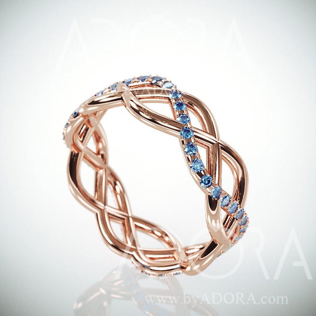 14k Rose Gold Eternity Ring Set With Blue Diamonds | Celtic Blue ...