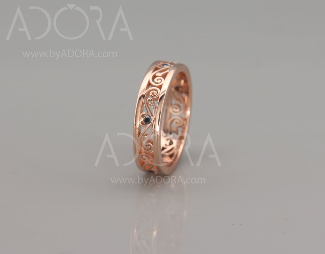 14k Rose Gold Filigree Women Wedding Ring Set With Black Diamonds | 14k ...