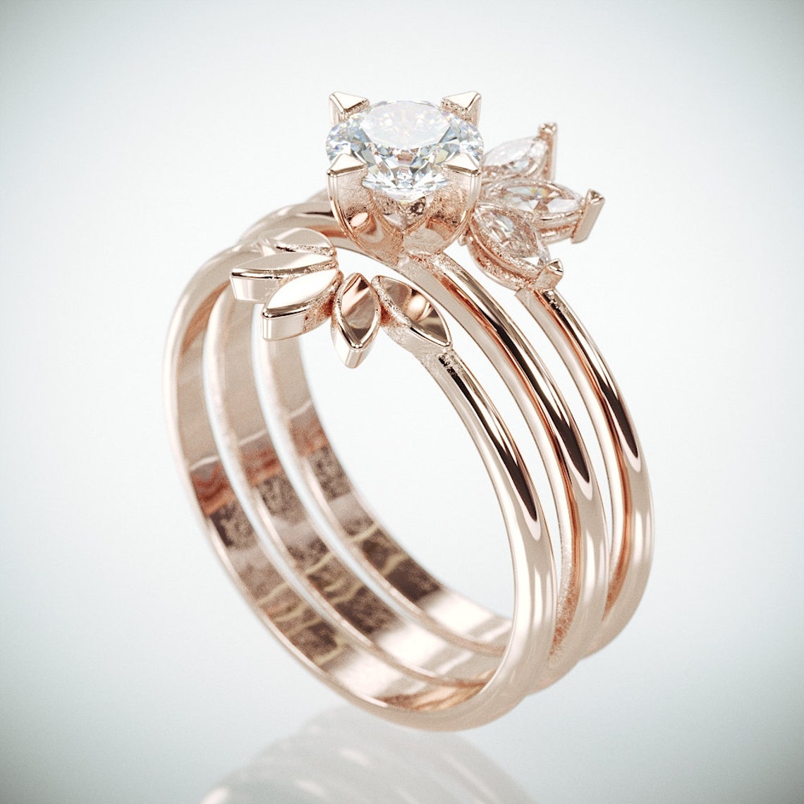 Rose Gold Bridal Set 3 Rings 14K Rose Gold Wedding ring set | Etsy