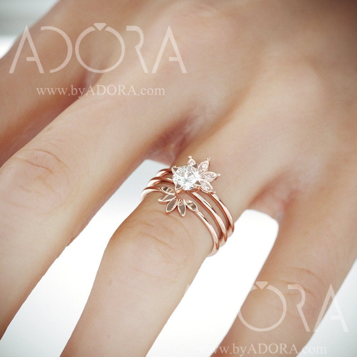 Rose Gold Bridal Set 3 Rings 14K Rose Gold Wedding ring set | Etsy