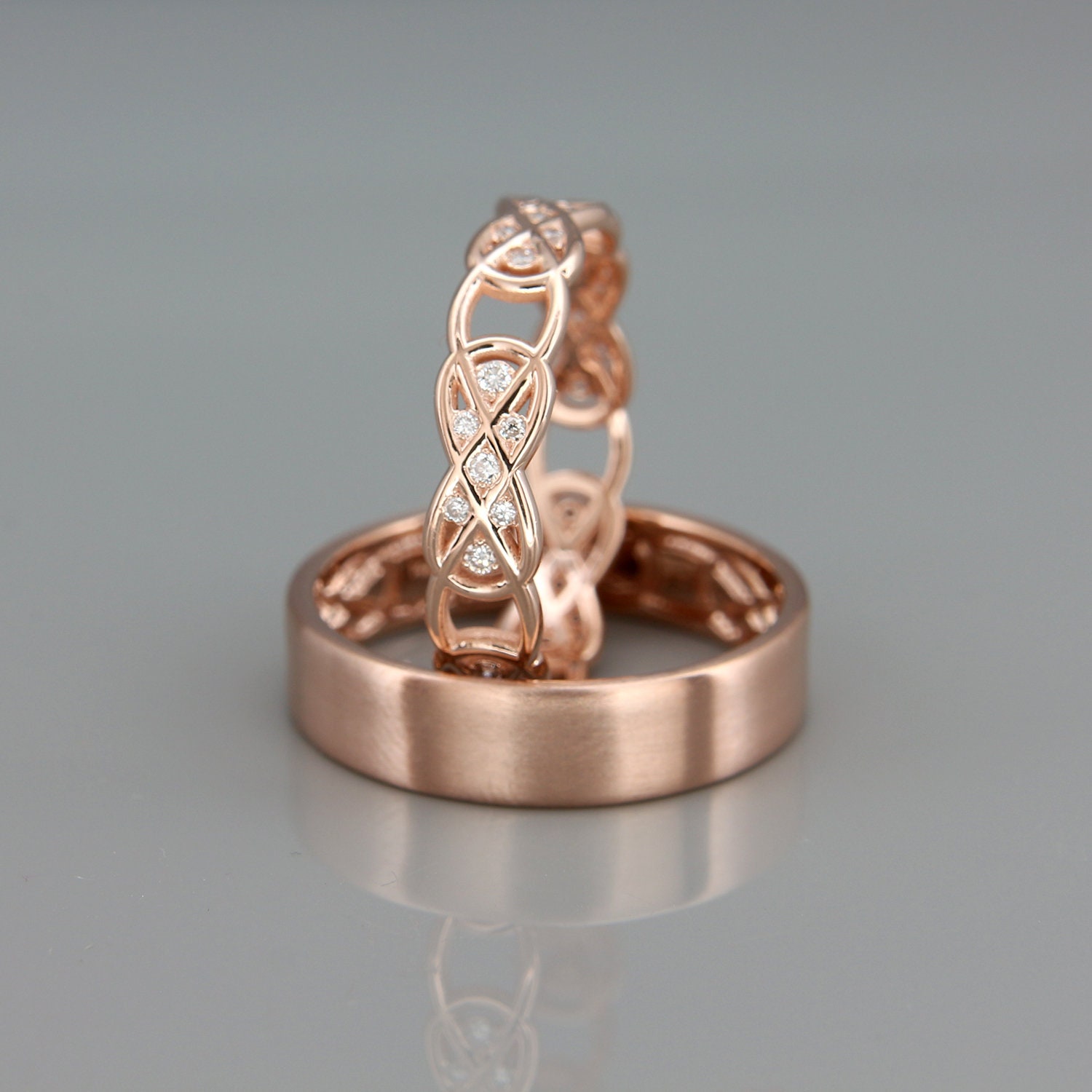 14K Rose Gold Celtic Wedding Rings set with Diamonds Handmade | Etsy