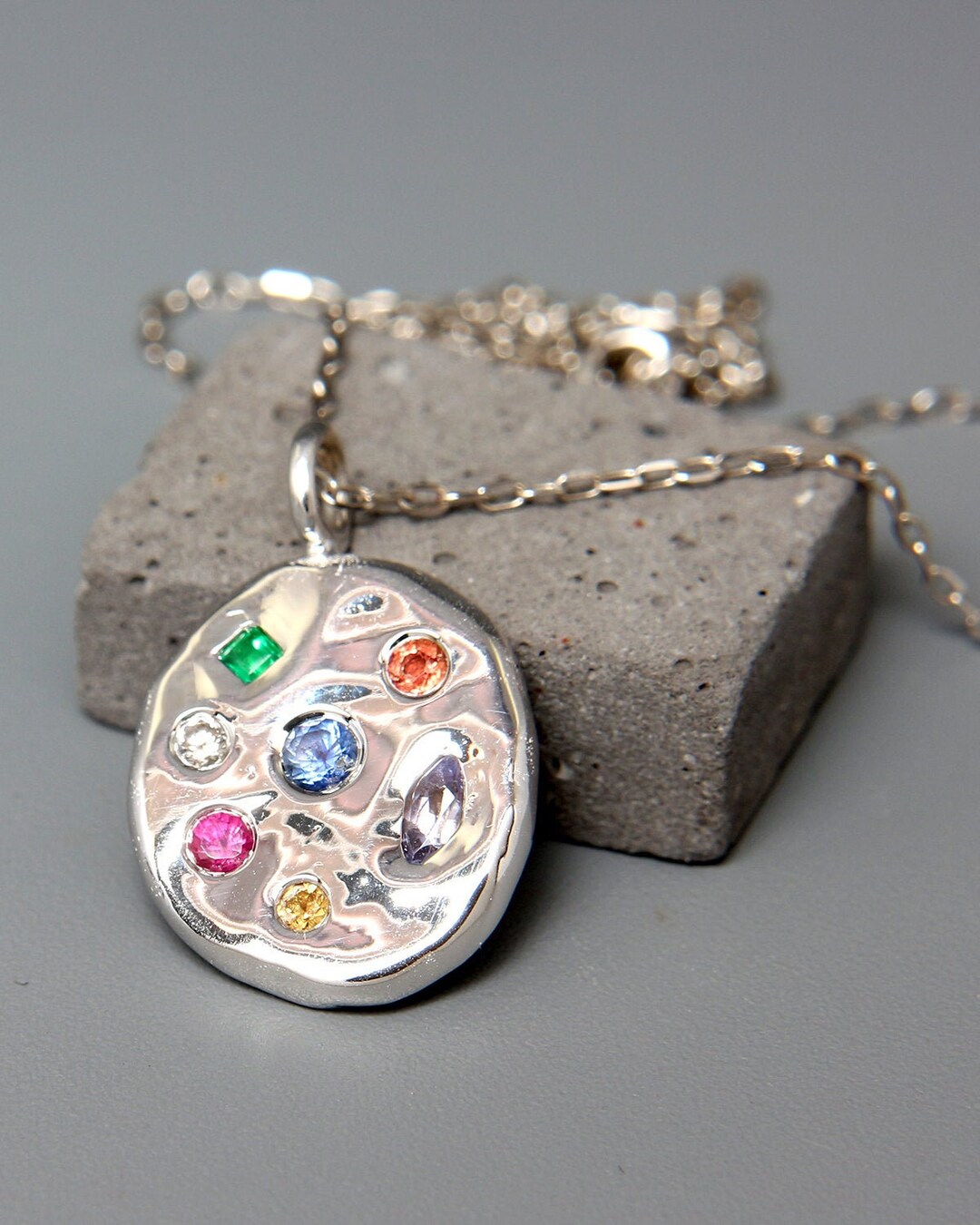 14k White Recycled Gold Cluster Necklace | Diamond, Emerald, Ruby ...