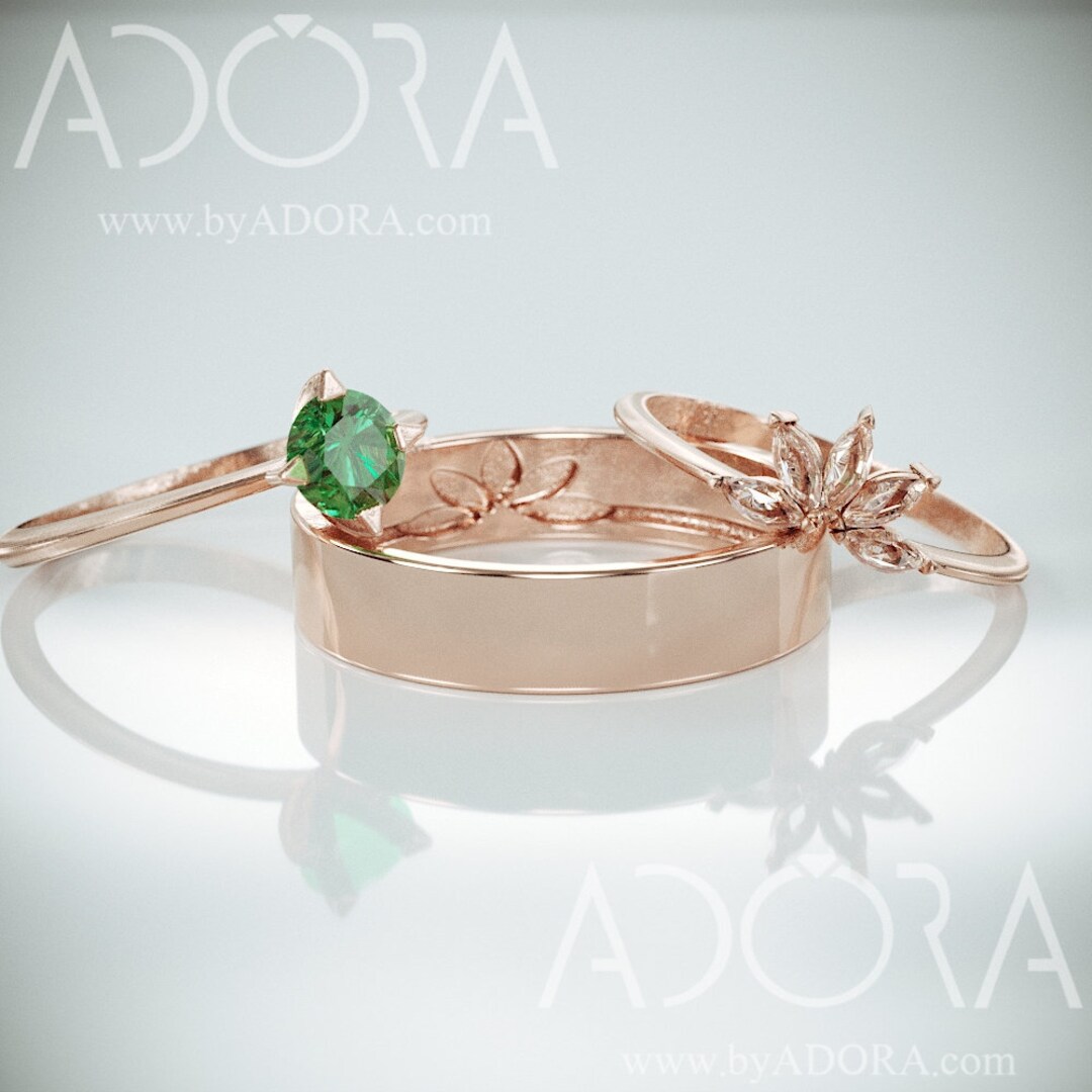 Handmade Emerald Wedding Ring Set | 14K Rose Gold His and Hers Wedding ...