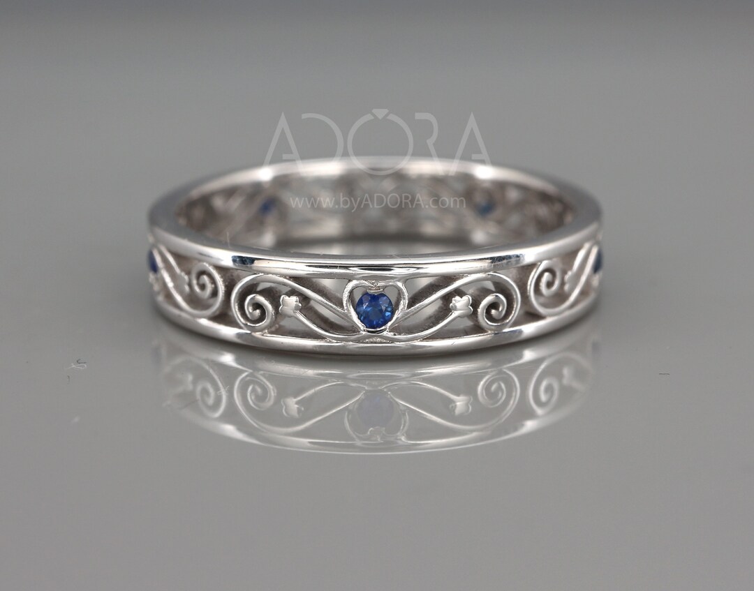 14k White Gold Filigree Wedding Ring Set With Blue Sapphire | 14k White ...
