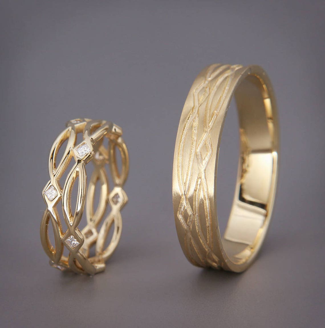 14K Gold Eternity Wedding Rings Set With Prnicess Cut Diamonds - Etsy ...