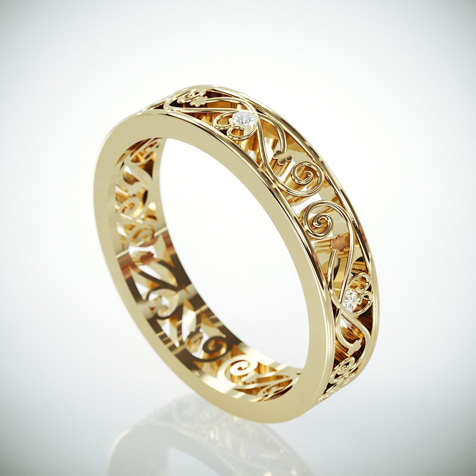 Handmade 14k White Gold Filigree Women Wedding Ring Set With Diamonds ...