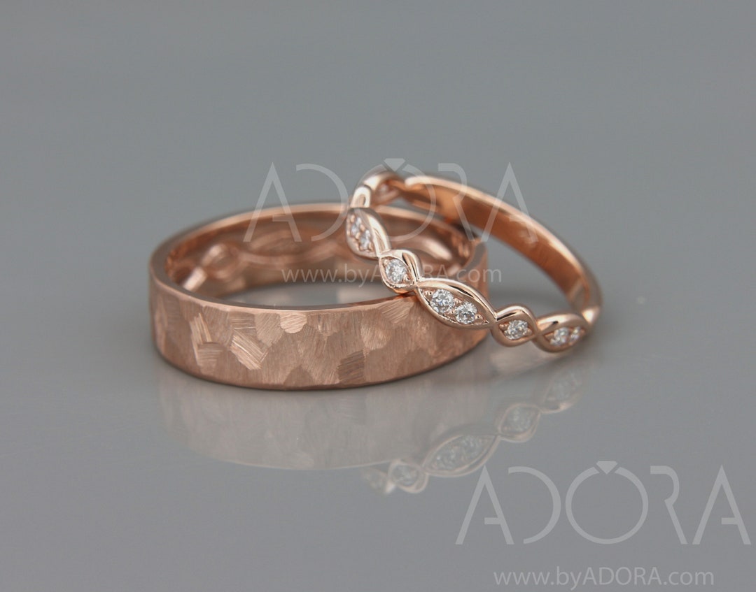 14K Rose Gold Celtic Wedding Rings Set With Diamonds | Handmade 14k ...