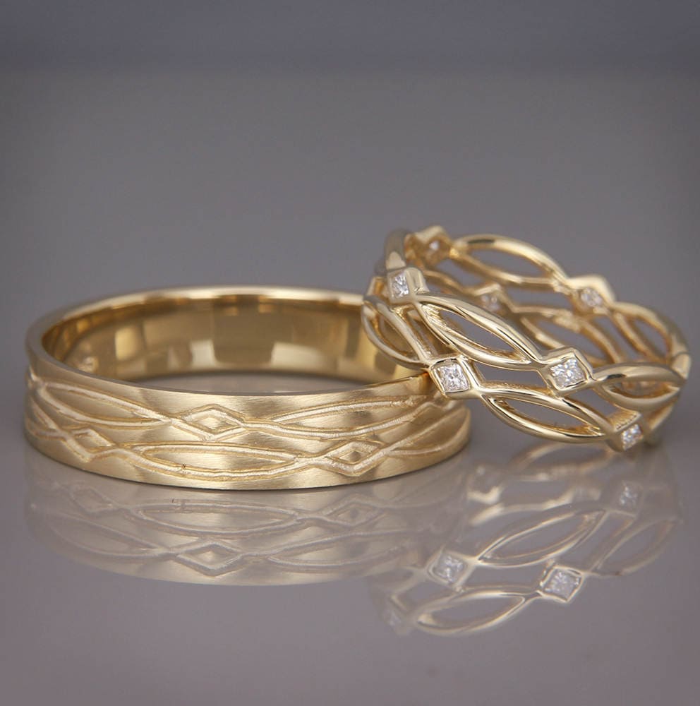 14K Gold Eternity Wedding Rings Set With Prnicess Cut Diamonds - Etsy ...