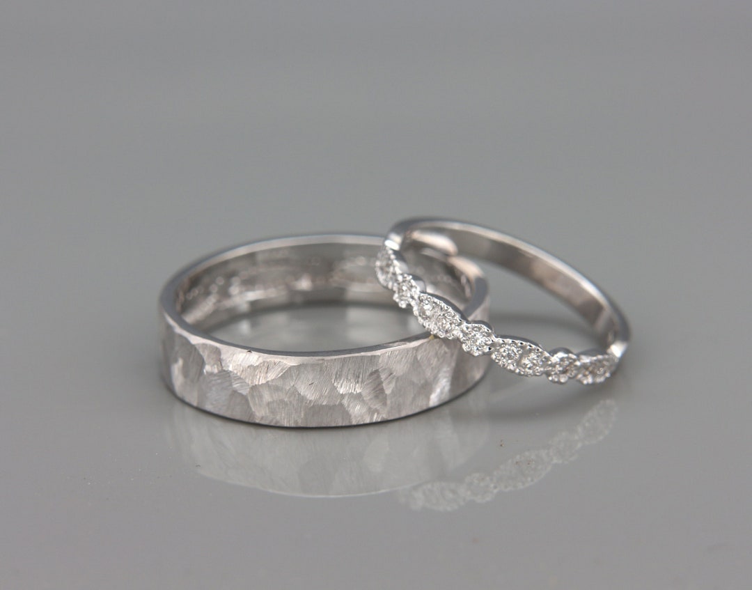 14K White Gold Celtic Wedding Rings Set With Diamonds - Handmade 14K ...