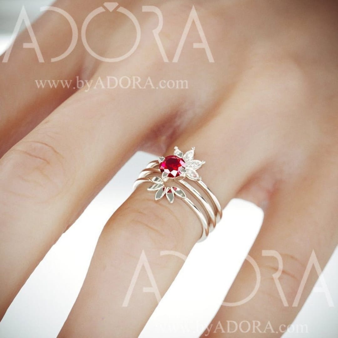 Handmade Ruby Bridal Set 3 Rings | 14k White Gold Wedding Ring Set With ...