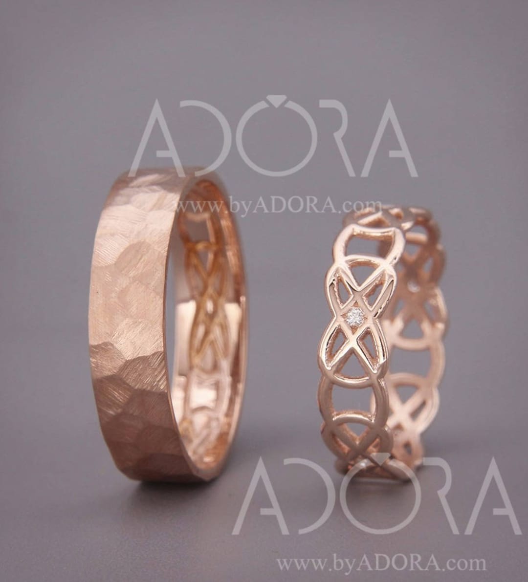 14K Rose Gold Celtic Wedding Rings Set With Diamonds |handmade 14k Rose ...
