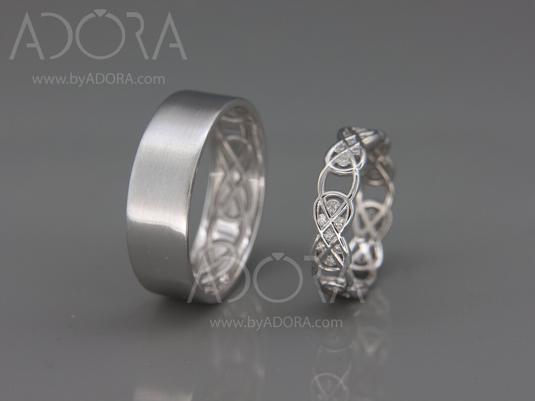 Handmade 14K White Gold Celtic Wedding Rings Set With Diamonds ...