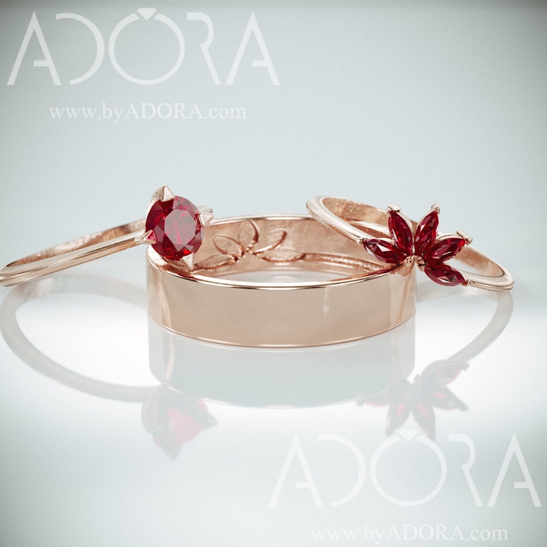 Handmade Natural Ruby Wedding Ring Set | 14K Rose Gold His and Hers ...