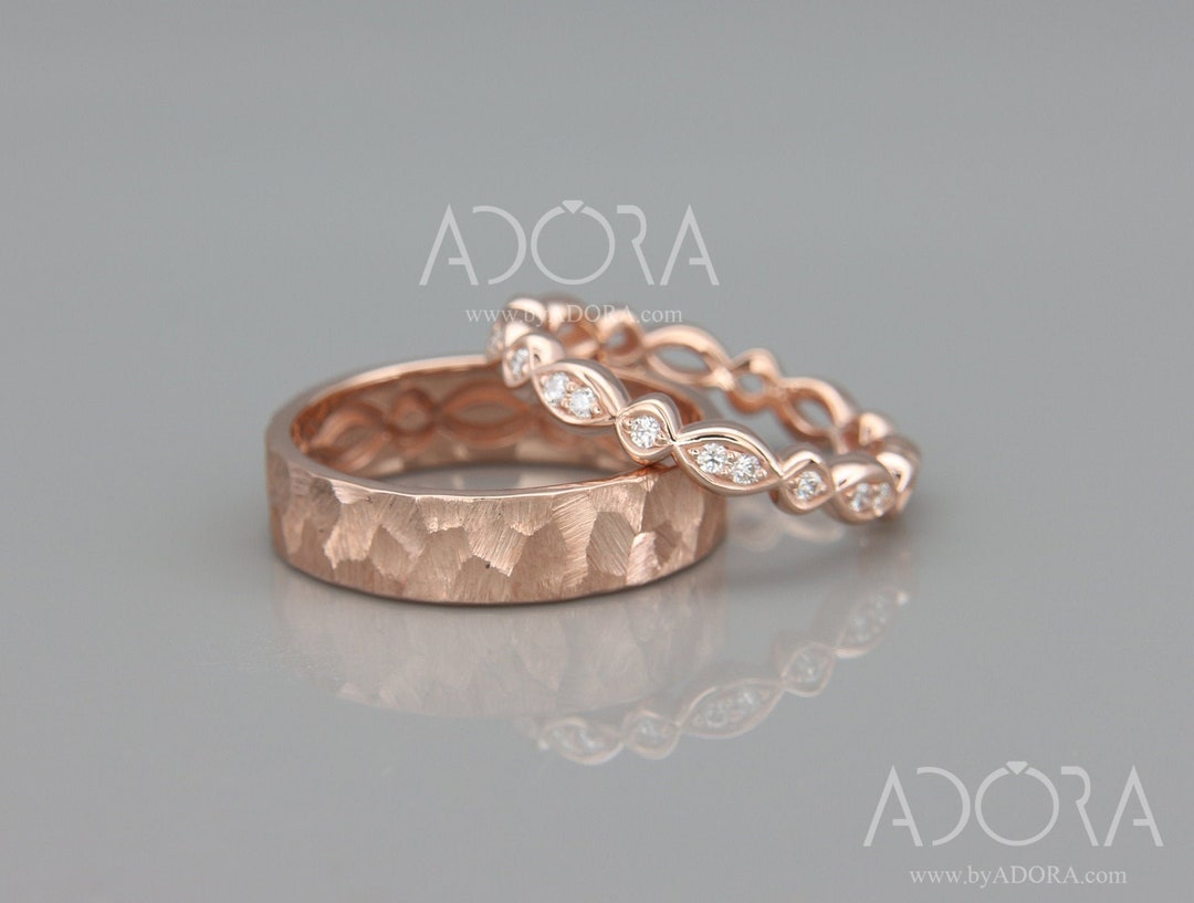 14K Rose Gold Celtic Wedding Rings Set With Diamonds| Handmade 14k Rose ...
