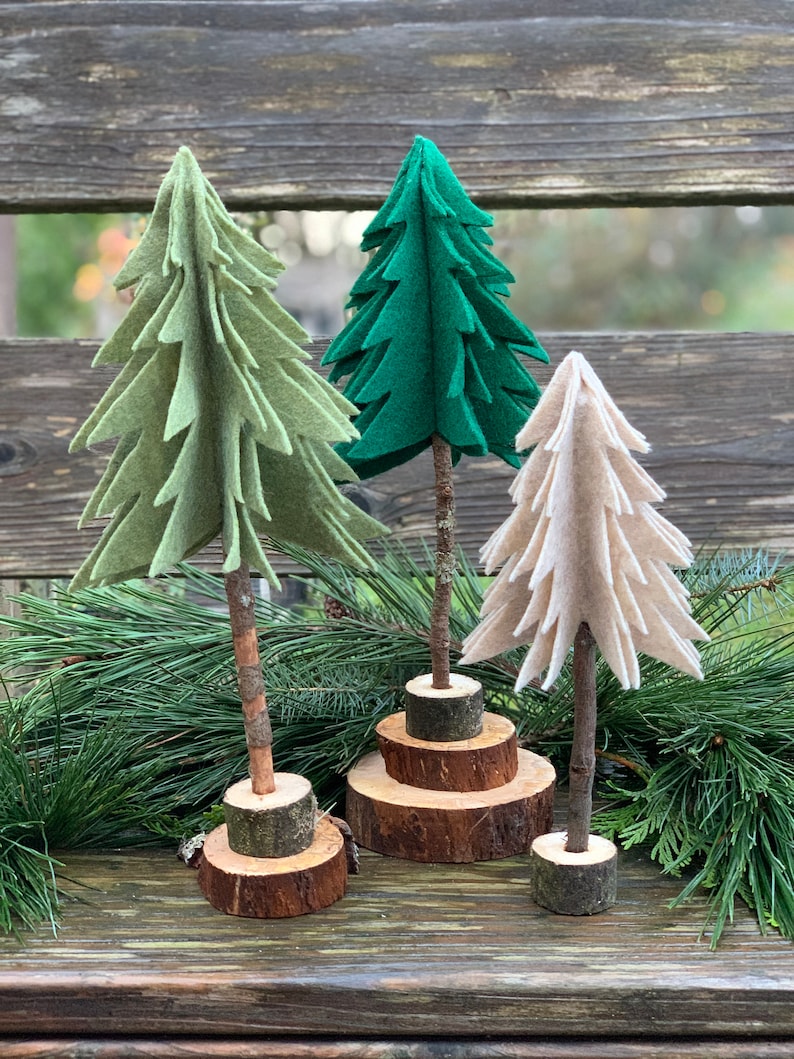 Set of 3 Rustic Felt Evergreen Tree Decoration - Etsy