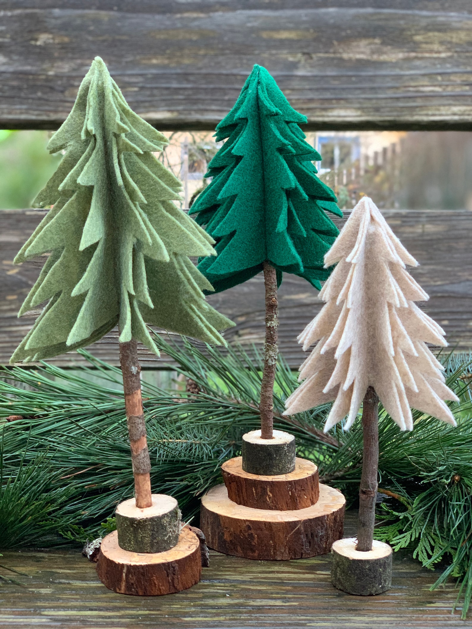 Set of 3 Rustic Felt Evergreen Tree Decoration - Etsy