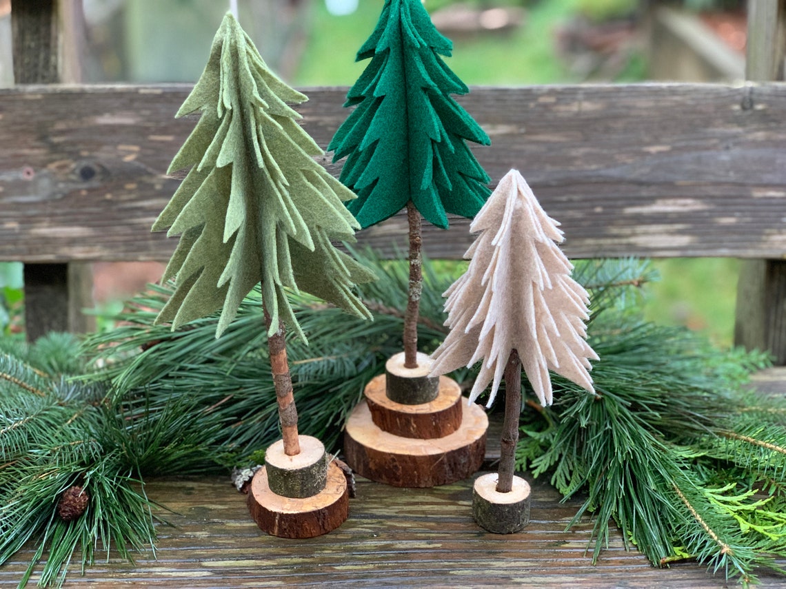 Set of 3 Rustic Felt Evergreen Tree Decoration - Etsy
