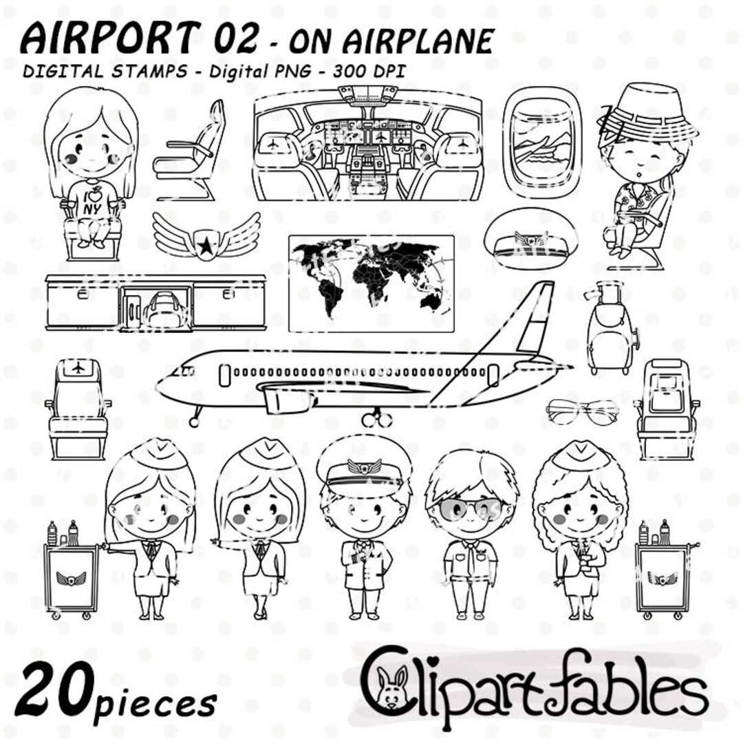PILOT and STEWARDESS Digital Stamps, Airplane Outline, Good Flight, on ...