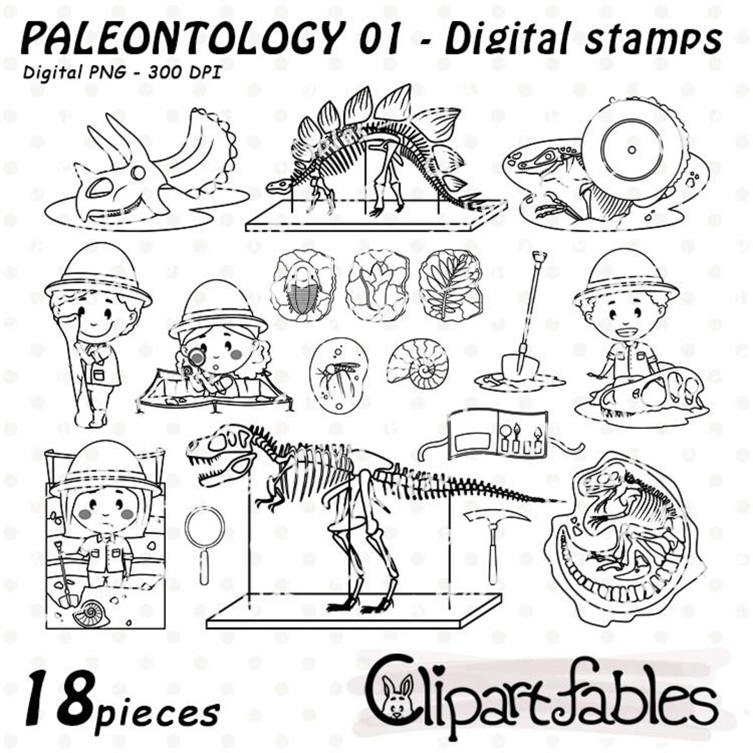 PALEONTOLOGY Outline, Mosquito in Amber Digital Stamps, Dinosaur Bones ...