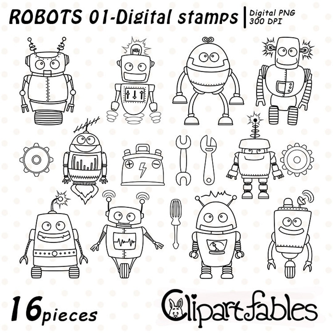 Cute ROBOTS Digital STAMPS, Funny Robot Friends, Robot Birthday Party ...