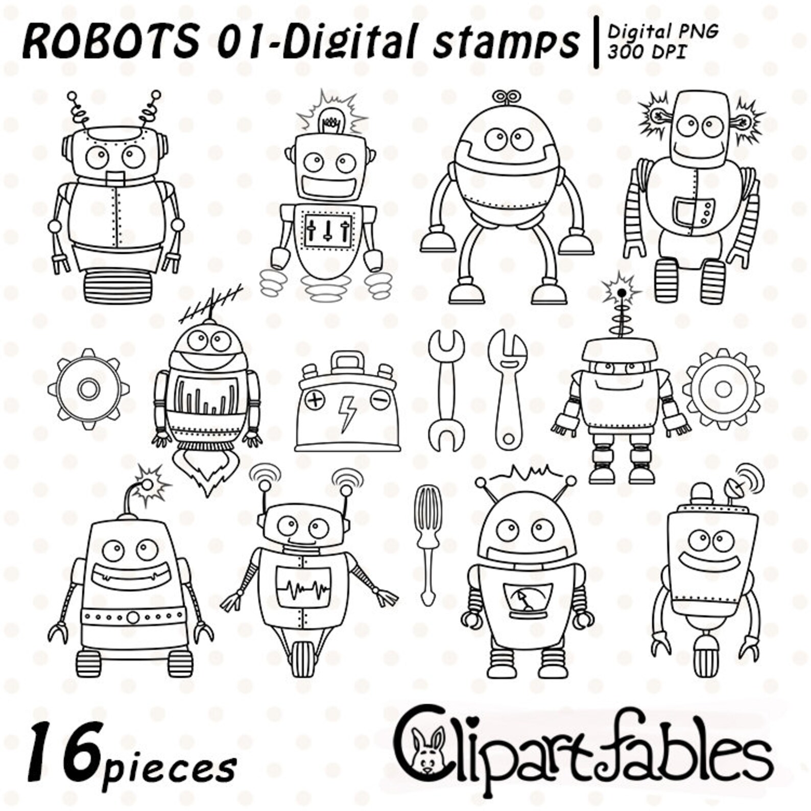 Cute ROBOTS Digital STAMPS, Funny Robot Friends, Robot Birthday Party ...