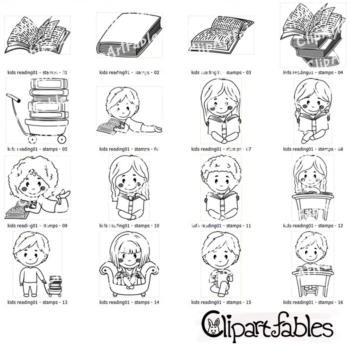 KIDS READING Books Digital Stamps, Education Outline, Library, Home ...