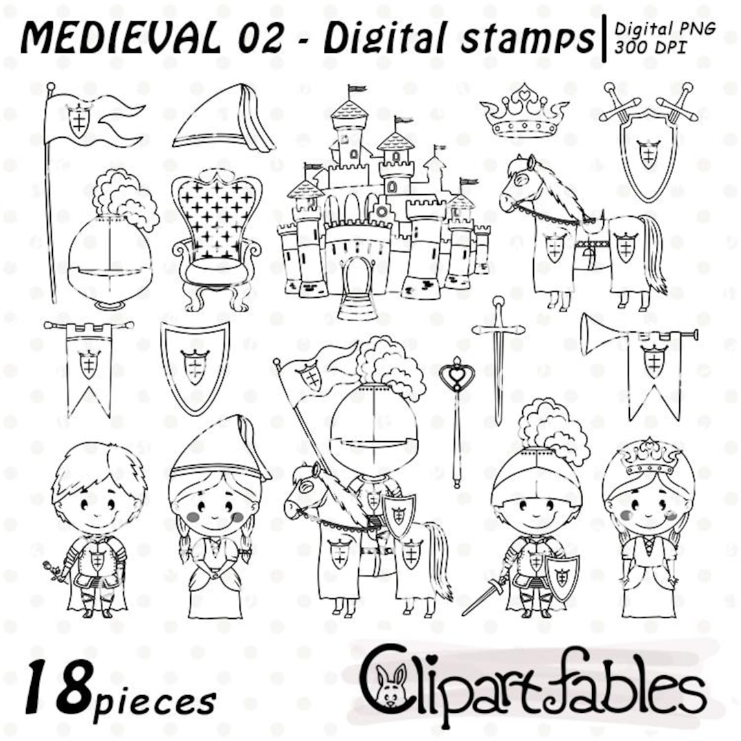 MEDIEVAL Digital Stamps, Fairy Tale, Arthur Clipart, Colouring ...