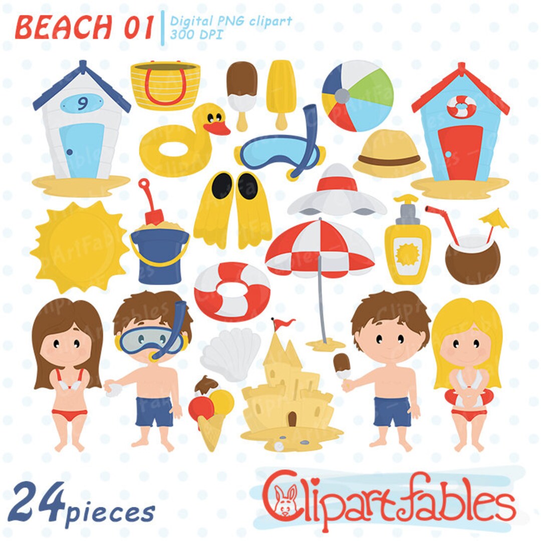 Cute BEACH Clipart, SUMMER Vacation, Beach Fun Time, Happy Kids at the ...