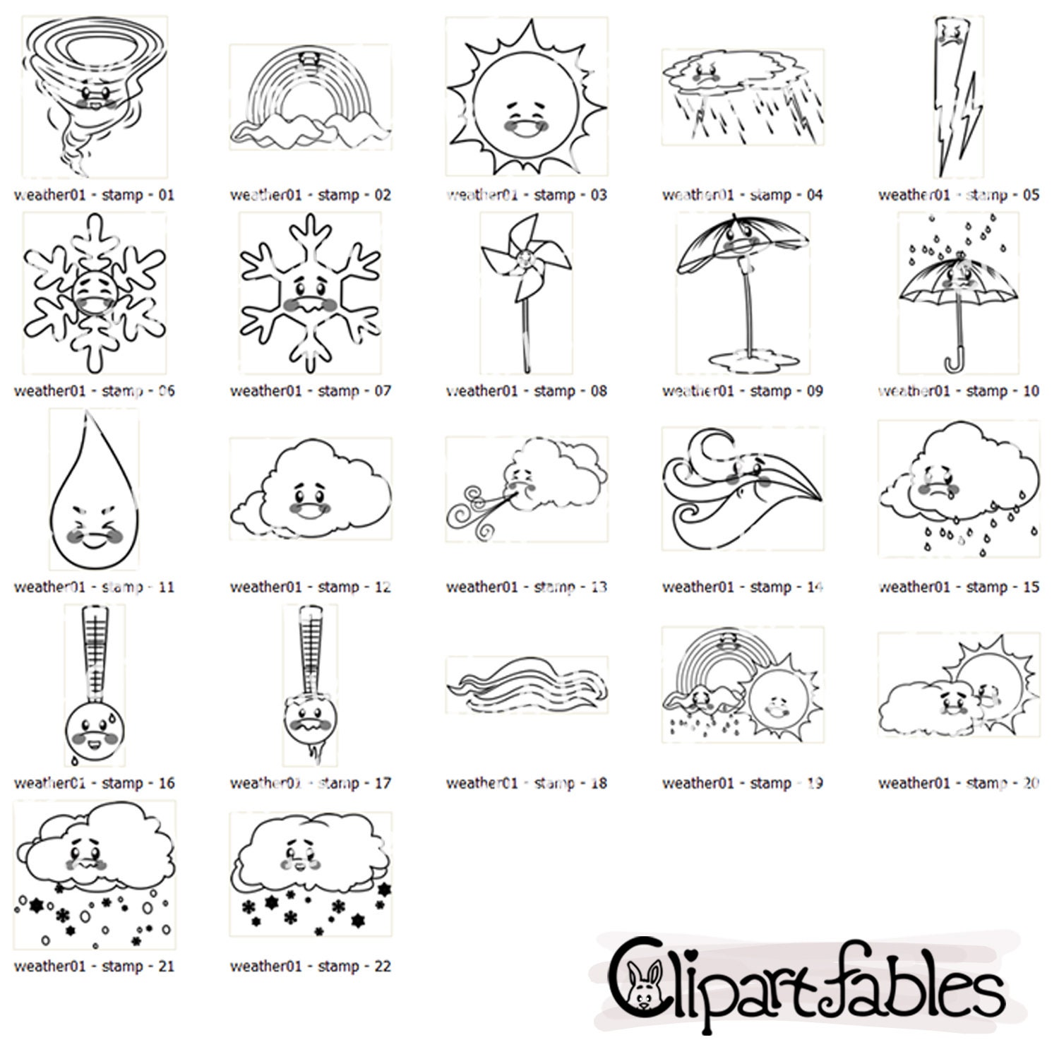 KAWAII WEATHER Digital Stamps, Cloud Outline, Weather Line Art ...