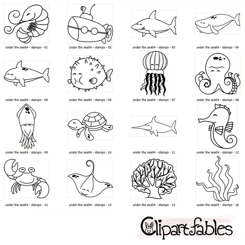 Cute SEA ANIMALS digital stamp Under the sea stamps Fish | Etsy