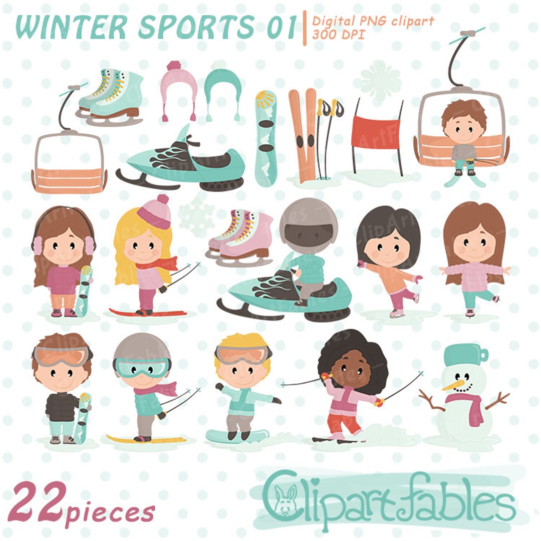 Cute WINTER SPORT Clip Art Set, Snowboard, Ski, Skate Clipart Boys and ...