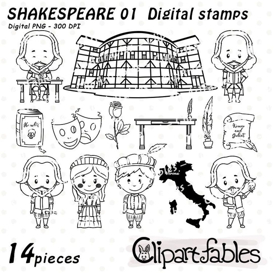 SHAKESPEARE Digital Stamps, Shakespeare Theatre Outline, Romeo and ...