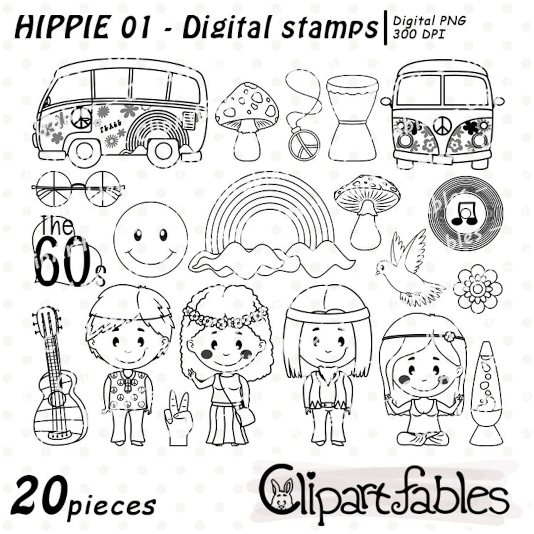 HIPPIE Digital Stamps, Flower Power Outlines, 70's Retro Clipart Peace ...