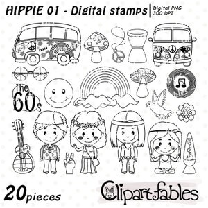 HIPPIE Digital Stamps, Flower Power Outlines, 70's Retro Clipart Peace ...