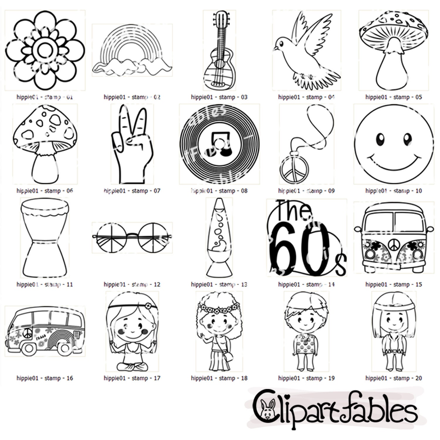 HIPPIE Digital Stamps, Flower Power Outlines, 70's Retro Clipart Peace ...