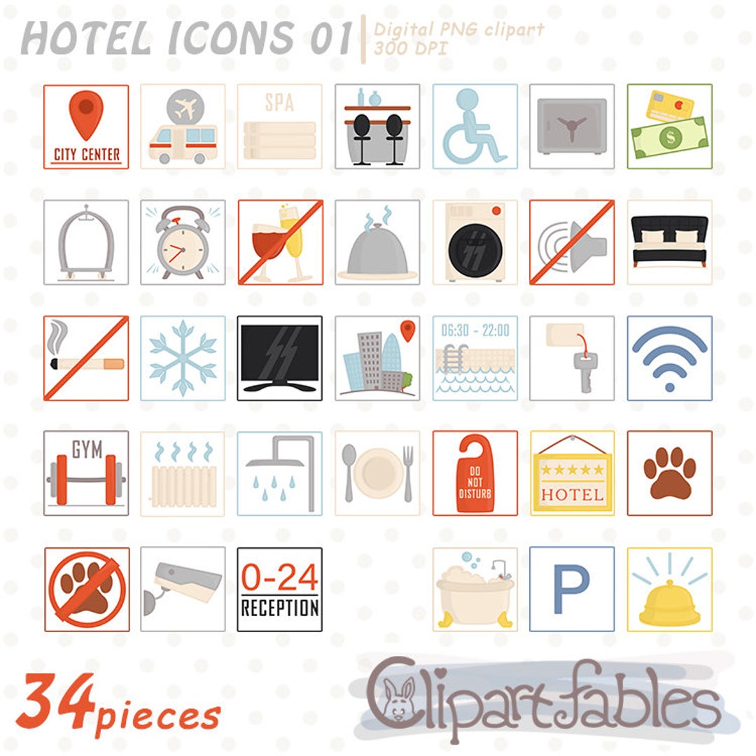 Colorful HOTEL ICONS Clipart, Symbols, Hotel Icon Set, Apartment ...