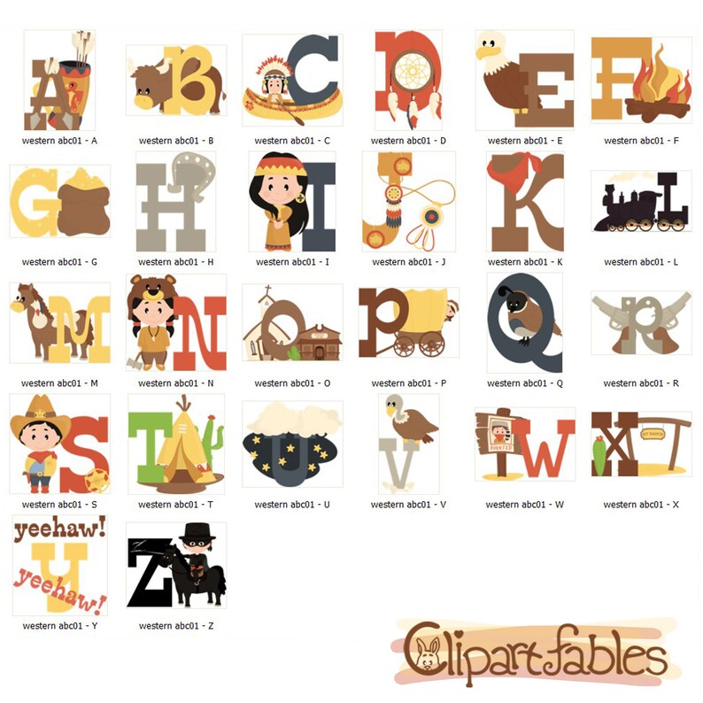 Cute WESTERN Clipart, English ALPHABET for Kids, Native American, Child ...