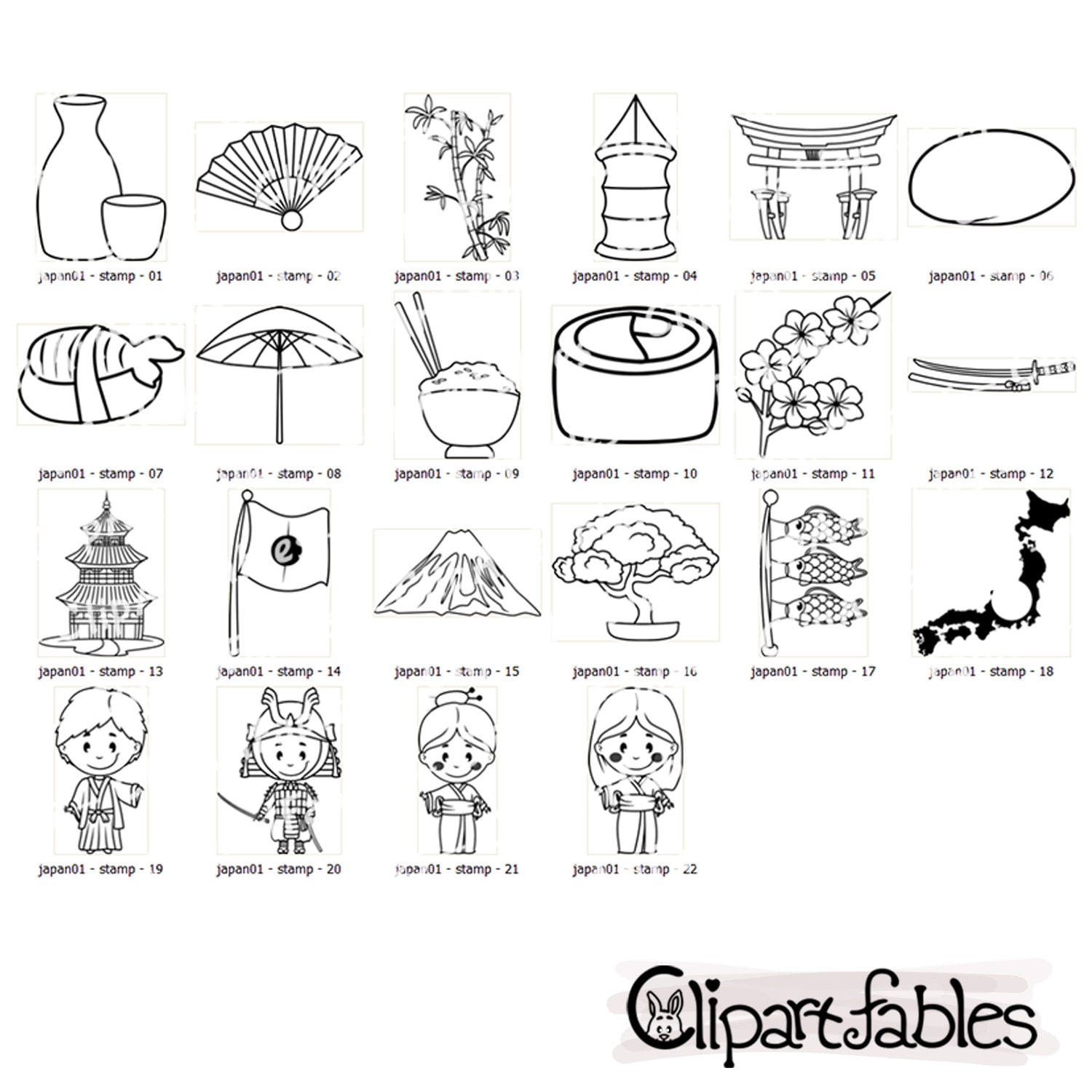 JAPAN Digital Stamps, Japanese Outline, Travel Clipart, Pagoda, Samurai ...