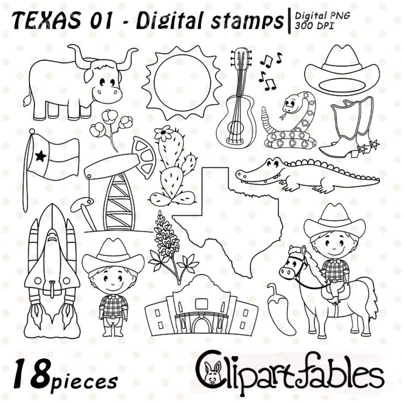 Cute TEXAS STATE digital stamps Texas symbols Cowboy art | Etsy