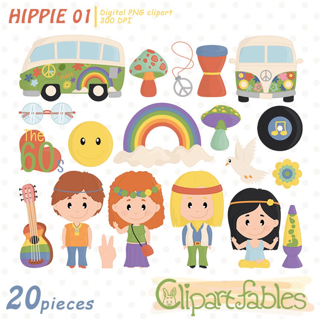HIPPIE Clipart, Flower Power Clip Art, 70's Retro Clip Art Set, Peace ...
