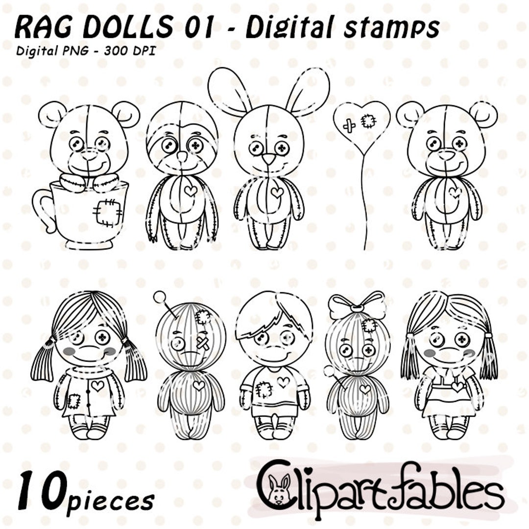 RAG DOLLS Digital Stamps, Raggedy Kids Toy Outline, Spooky Doll Line ...