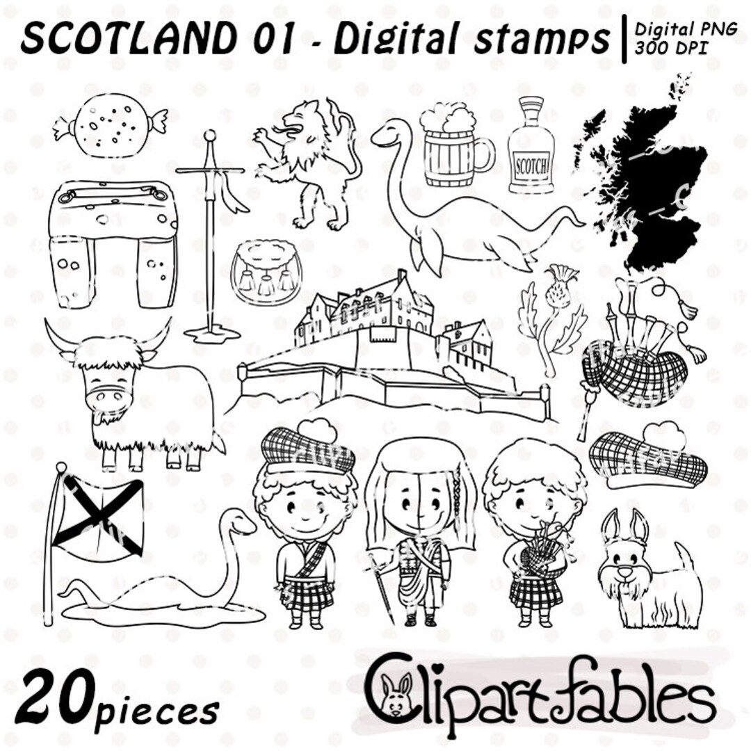 Cute SCOTLAND Digital Stamps, Scottish Line Art, UK, Haggis, Scottie ...