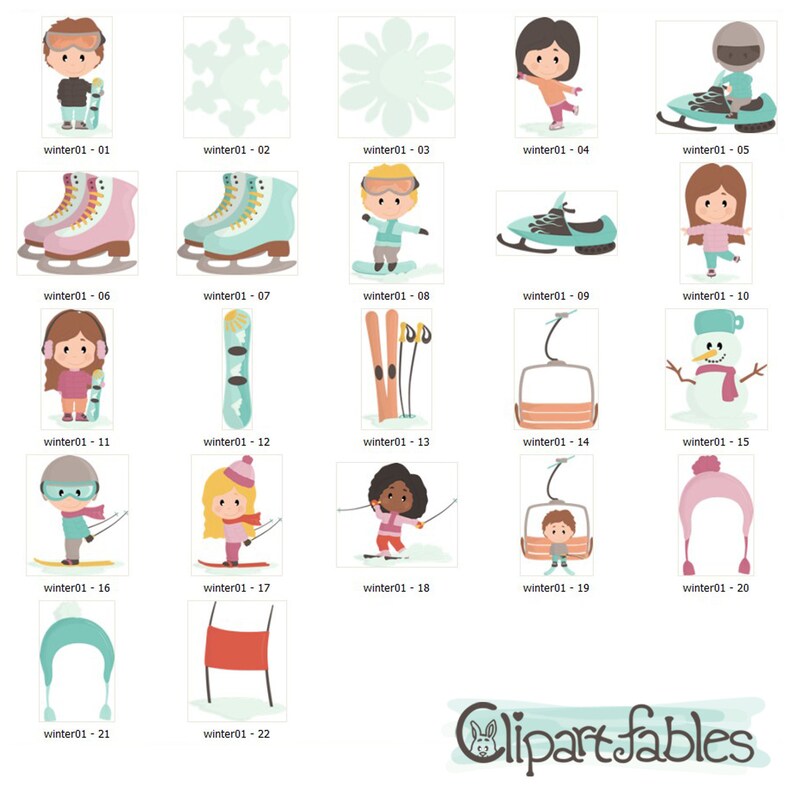 Cute WINTER SPORT Clip Art Set, Snowboard, Ski, Skate Clipart Boys and ...
