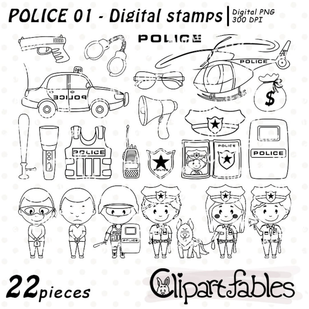 POLICE Digital Stamps, Police Car and Helicopter Outline, Police Dog ...