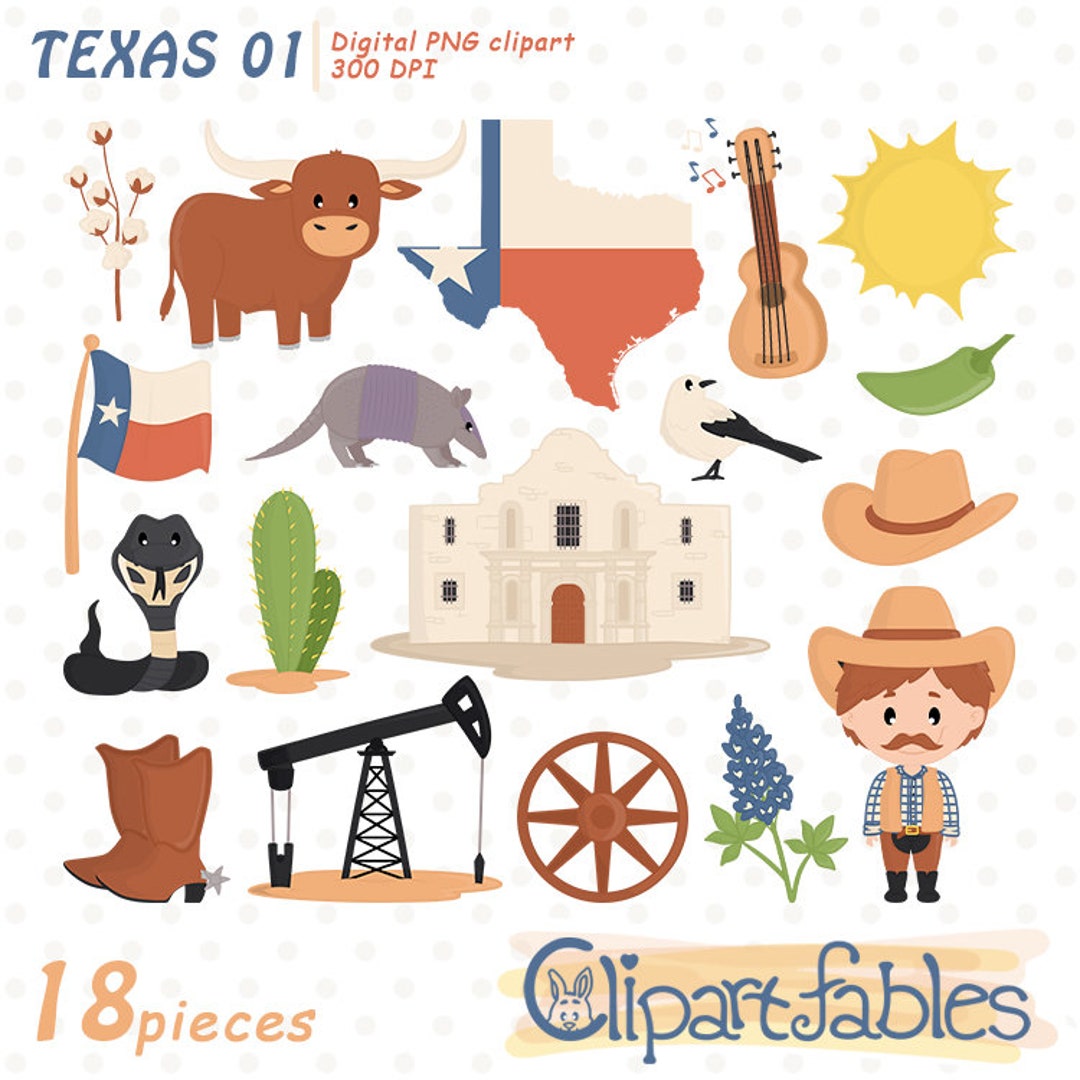 TEXAS STATE Clipart, Texas Symbols, Cowboy Art, Map and Flag ...