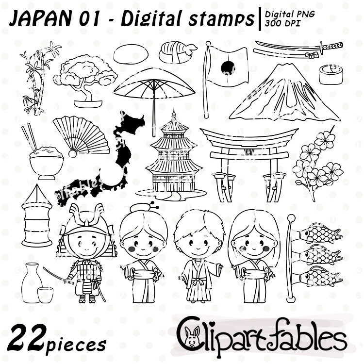 JAPAN Digital Stamps, Japanese Outline, Travel Clipart, Pagoda, Samurai ...