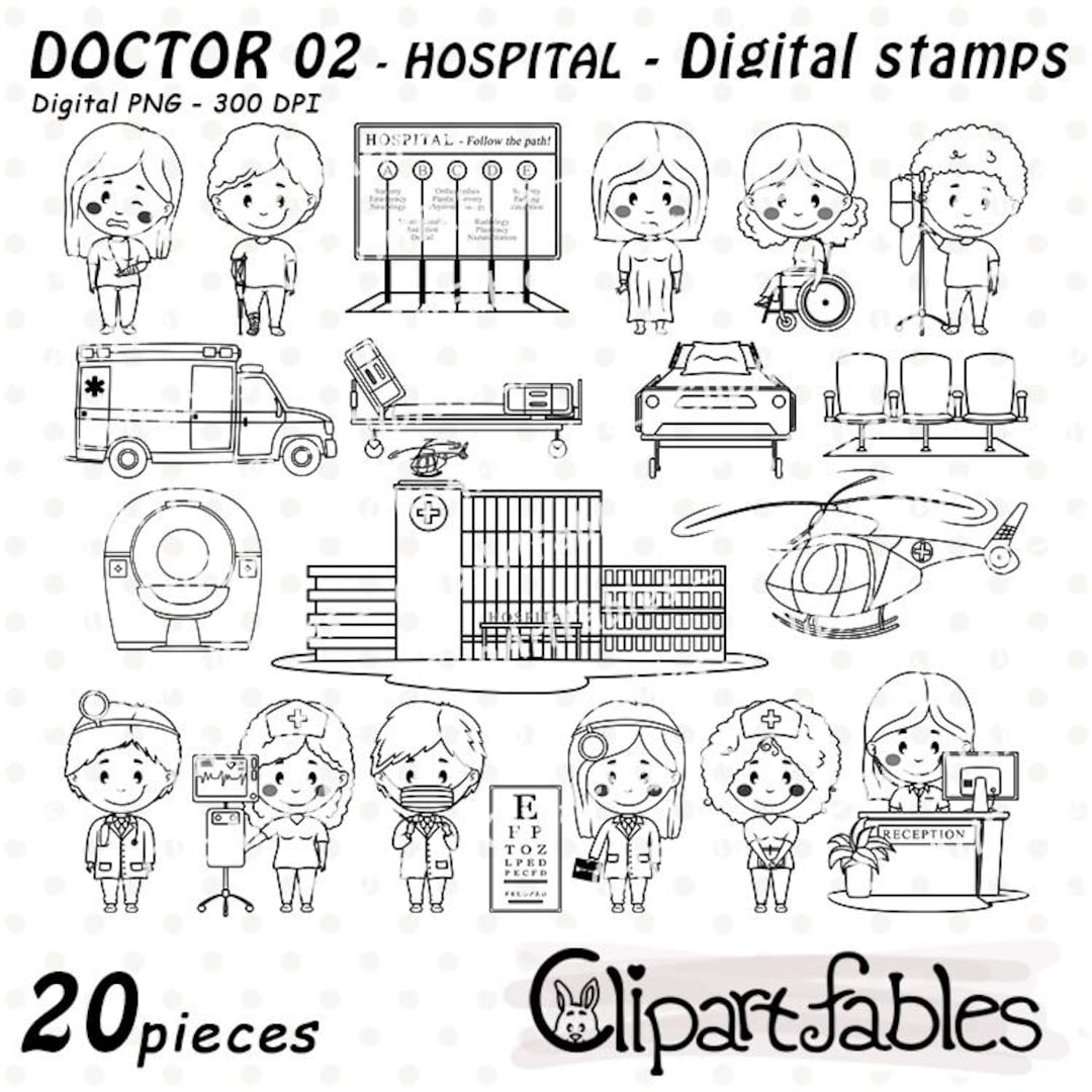 HOSPITAL Digital Stamps, Medical Clipart, Cute Nurse and Doctor Outline ...