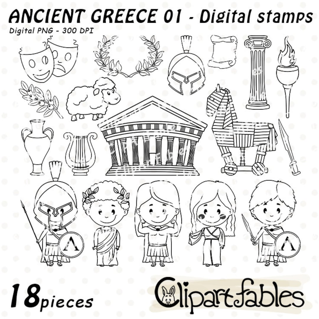 Cute ANCIENT GREECE Digital Stamps, Travel Outline, Sparta, King ...