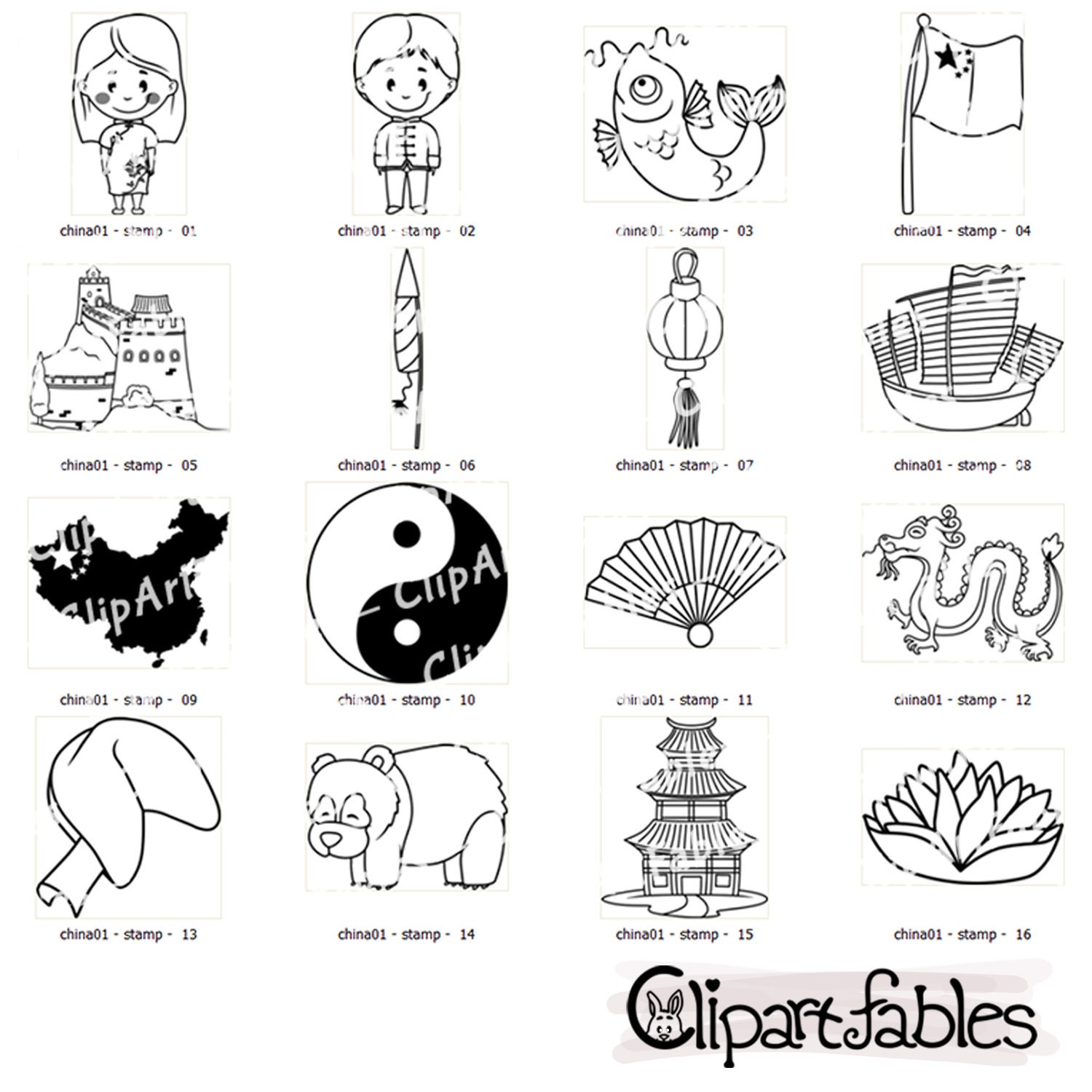 CHINA Digital Stamps, Cute Chinese Dragon, Panda Outline, Firework ...